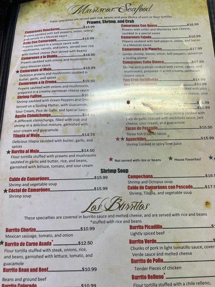 Menu at El Aguila Real restaurant, Battle Mountain