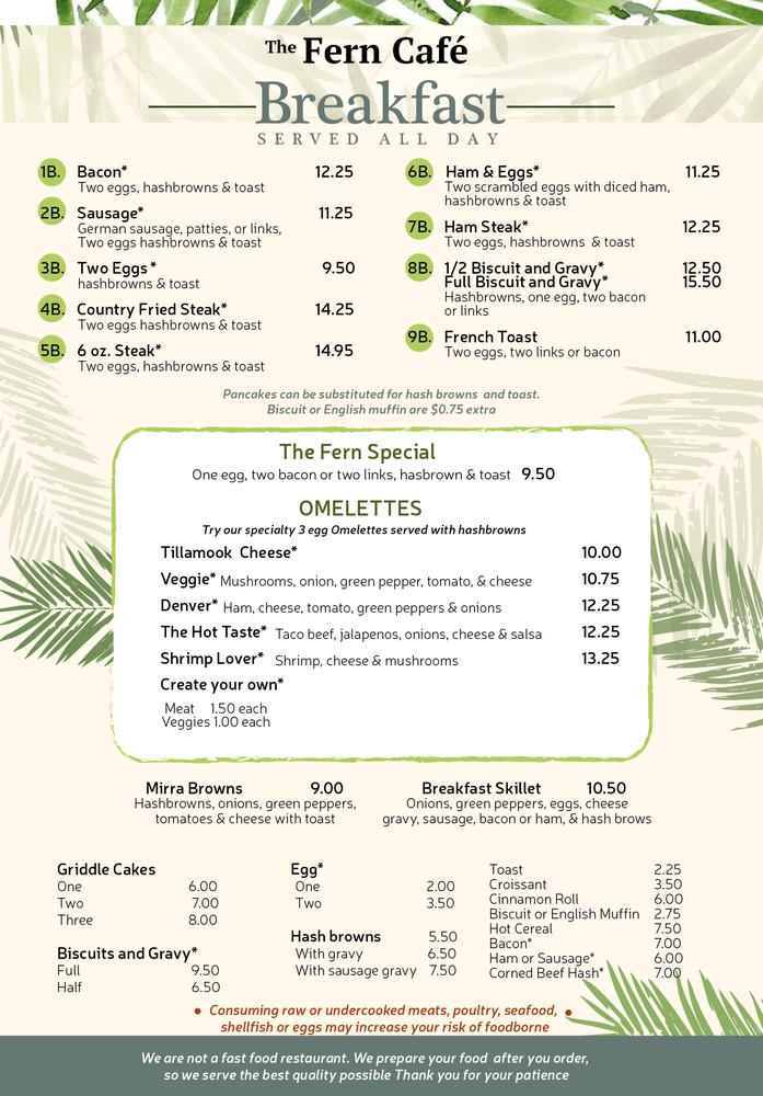 Menu at Fern Restaurant & Lounge, Tillamook