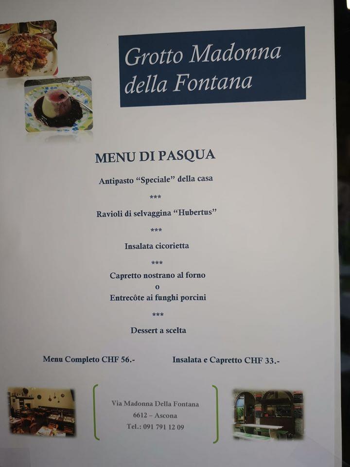 Menu at Grotto Madonna della Fontana, Ascona, Via Madonna della Fontana
