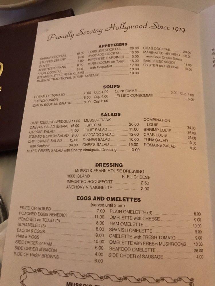 Menu at Musso & Frank Grill pub & bar, Los Angeles