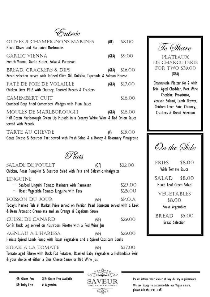 Menu at Raupo Cafe, Restaurant & Traiteur, Blenheim