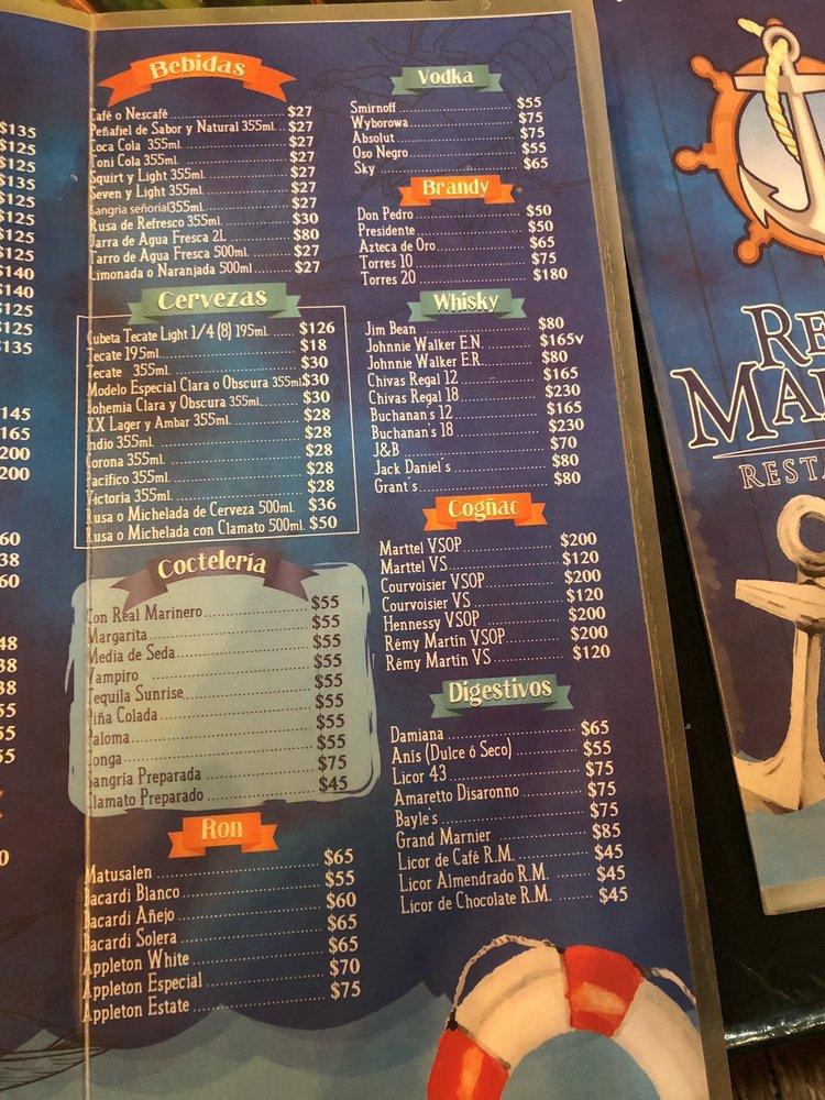 Carta del restaurante Real Marinero, Tequila, Benito Juárez 92