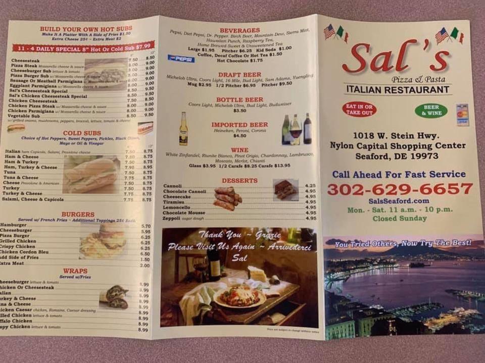 Menu at Sal's Italian Restaurant, Seaford