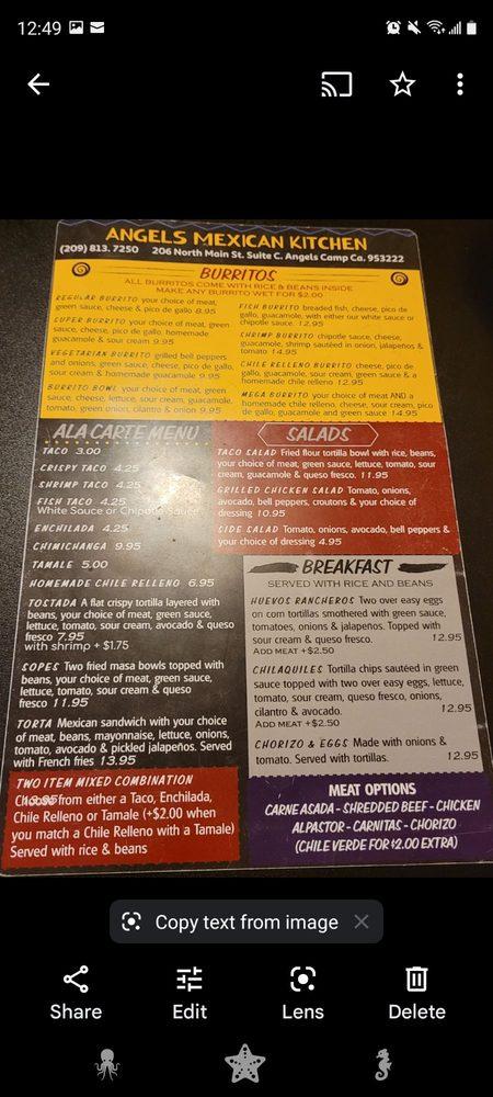 Menu at Angels Méxican Kitchen restaurant, Angels Camp