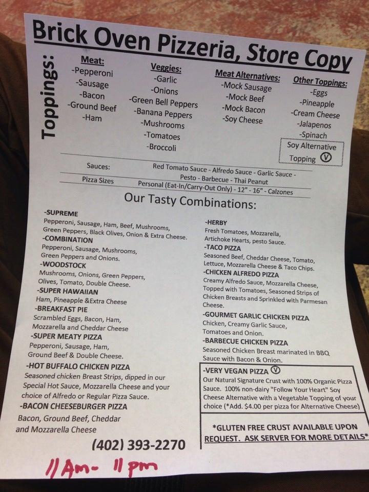 Menu at Brick Oven Pizzeria, Omaha
