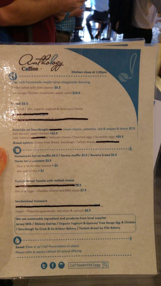 Menu at Coffee Anthology cafe, Brisbane City, 155 Charlotte St