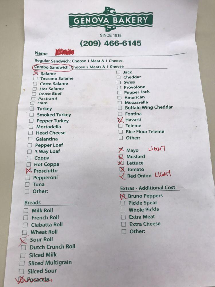 Menu at Genova Bakery, Stockton