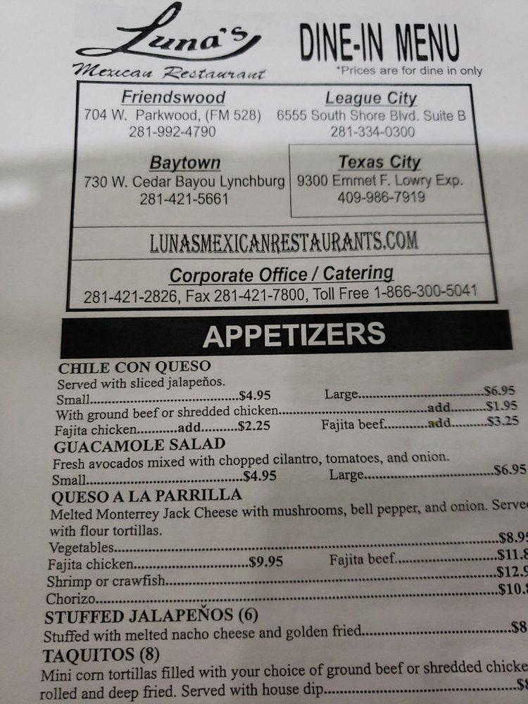 Menu at Luna's Mexican Restaurant, Texas City, 9300 Emmett F Lowry Expy ...