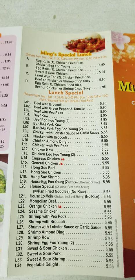 Menu at Ming's Garden restaurant, Marengo