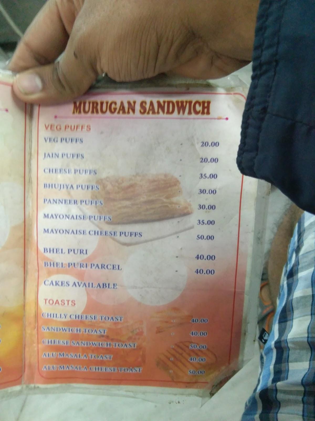 Menu at Murugan Sandwich, Chennai