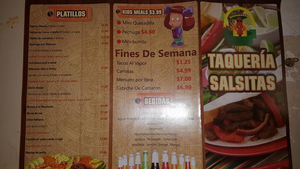 Menu at Taqueria Salsitas restaurant, Calhoun