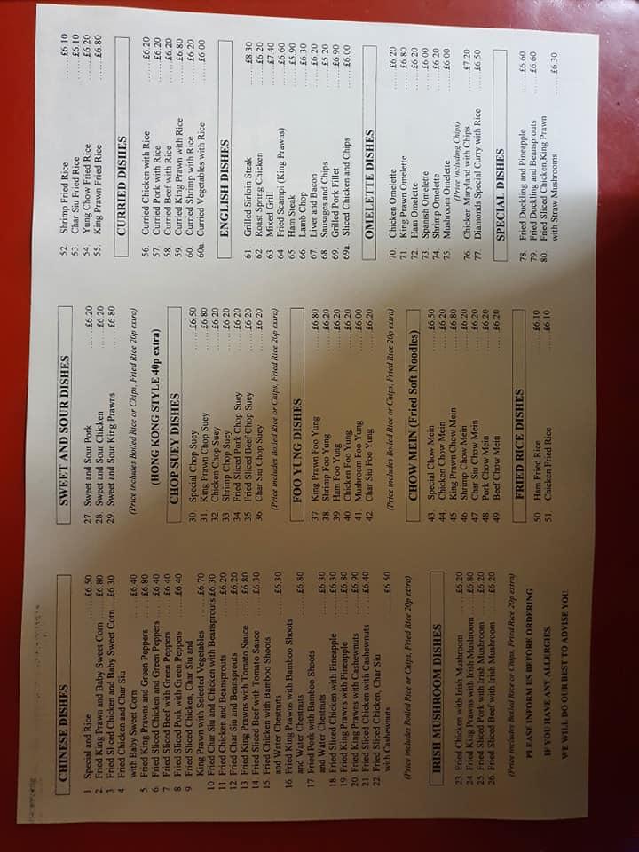 Menu at The Diamonds fast food, Newtownards