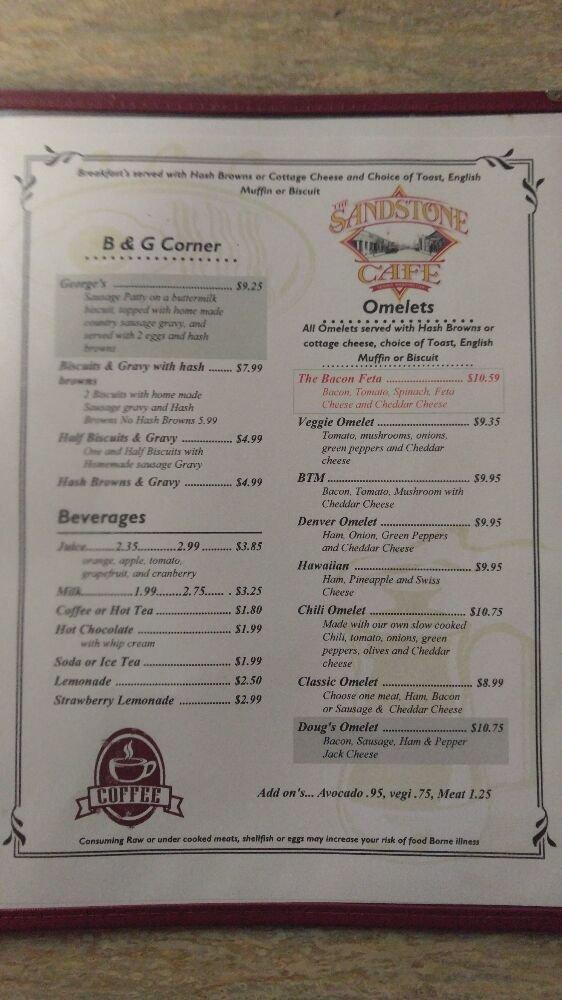 Menu at The Sandstone Cafe, Tenino