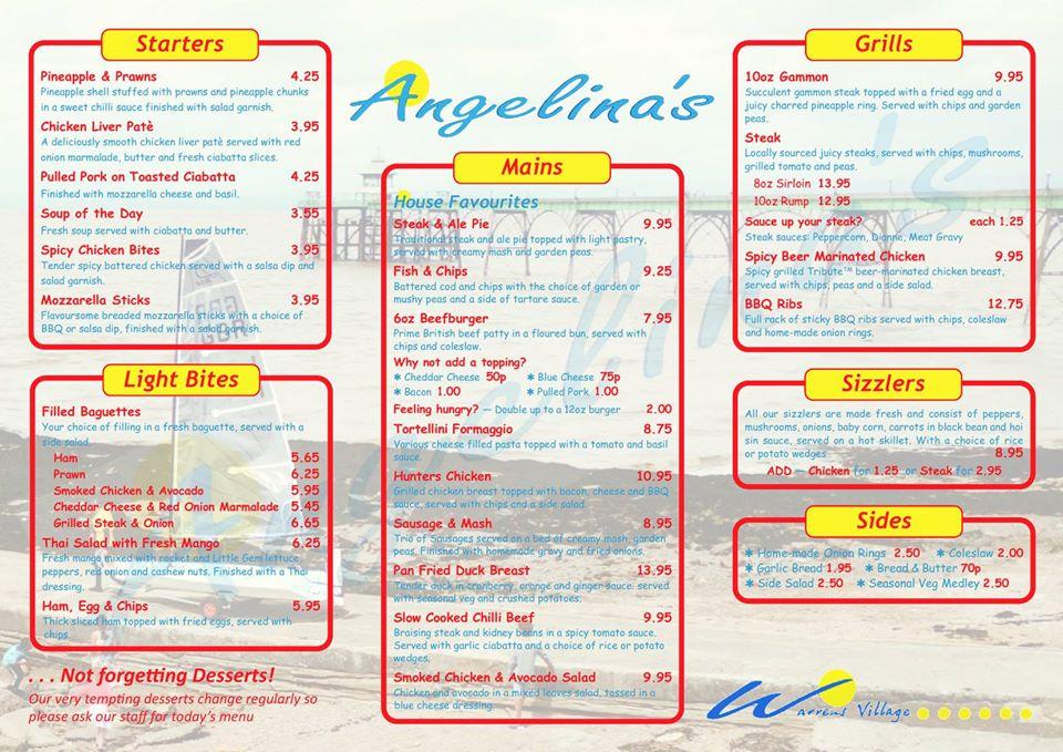 Menu at Angelina's Restaurant, Clevedon