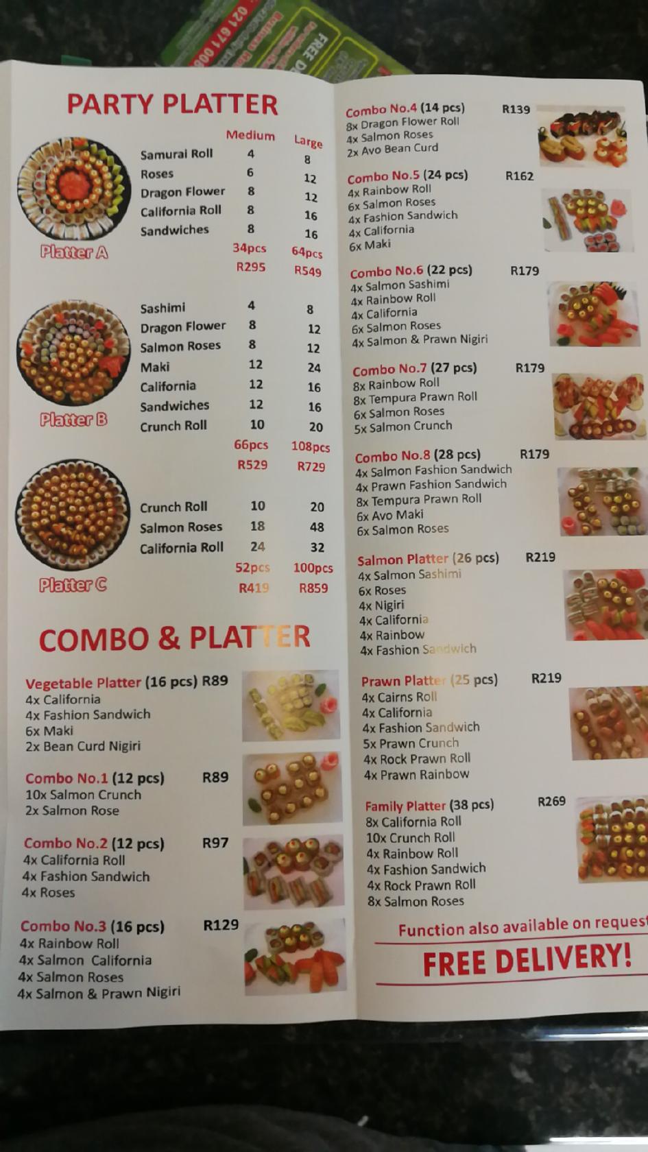 Menu at Asami's House Rosmead restaurant, Cape Town, 15 Carlton Rd