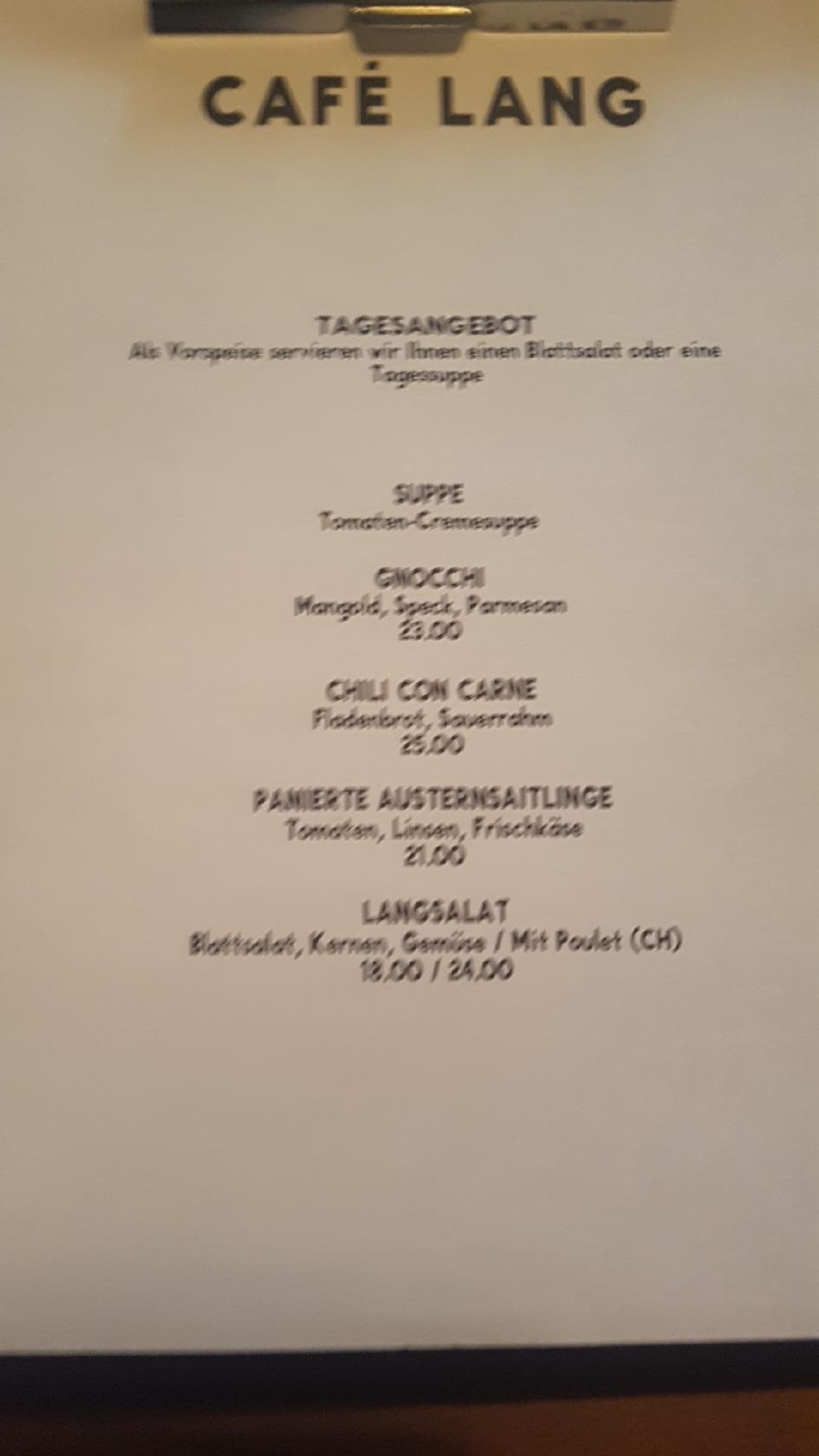 Menu at LANG, Zürich