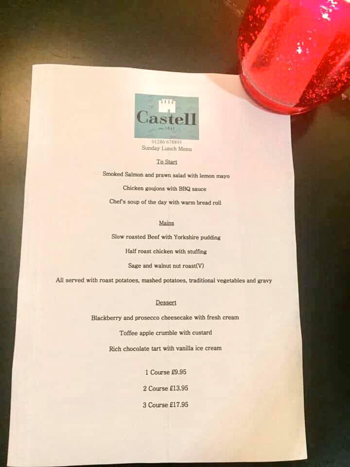 Menu at Castell pub & bar, Caernarfon
