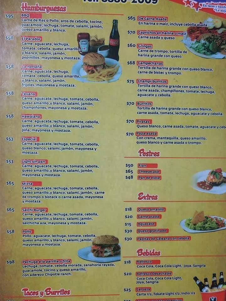 Carta del restaurante El Parador, Apodaca
