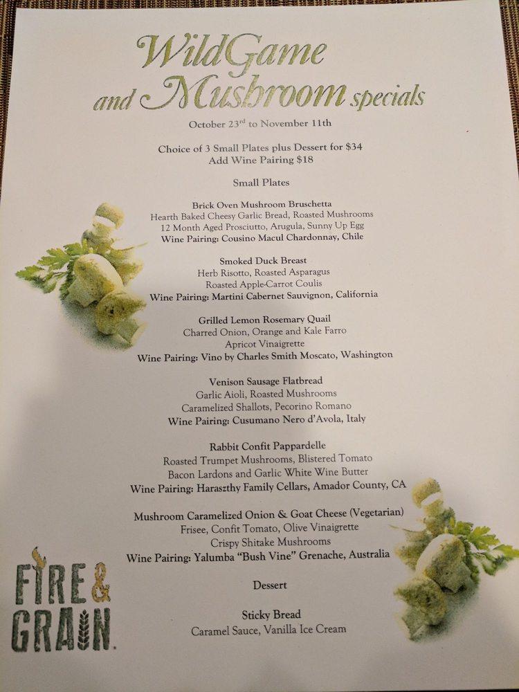 Menu at Fire & Grain at Hershey Lodge restaurant, Hershey