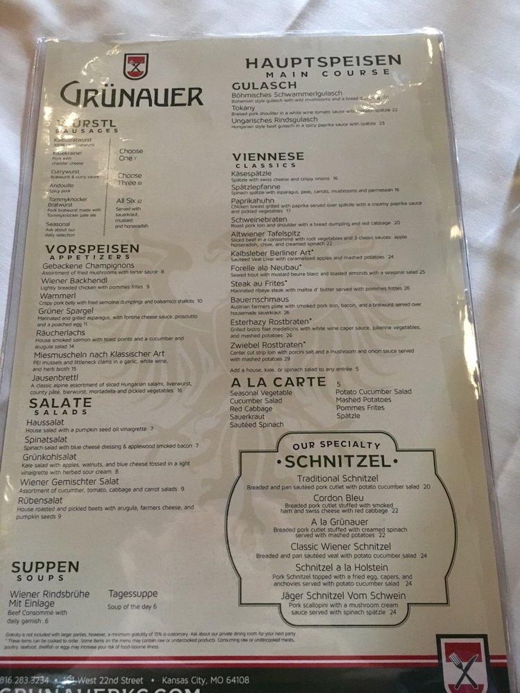 Menu at Grünauer pub & bar, Kansas City