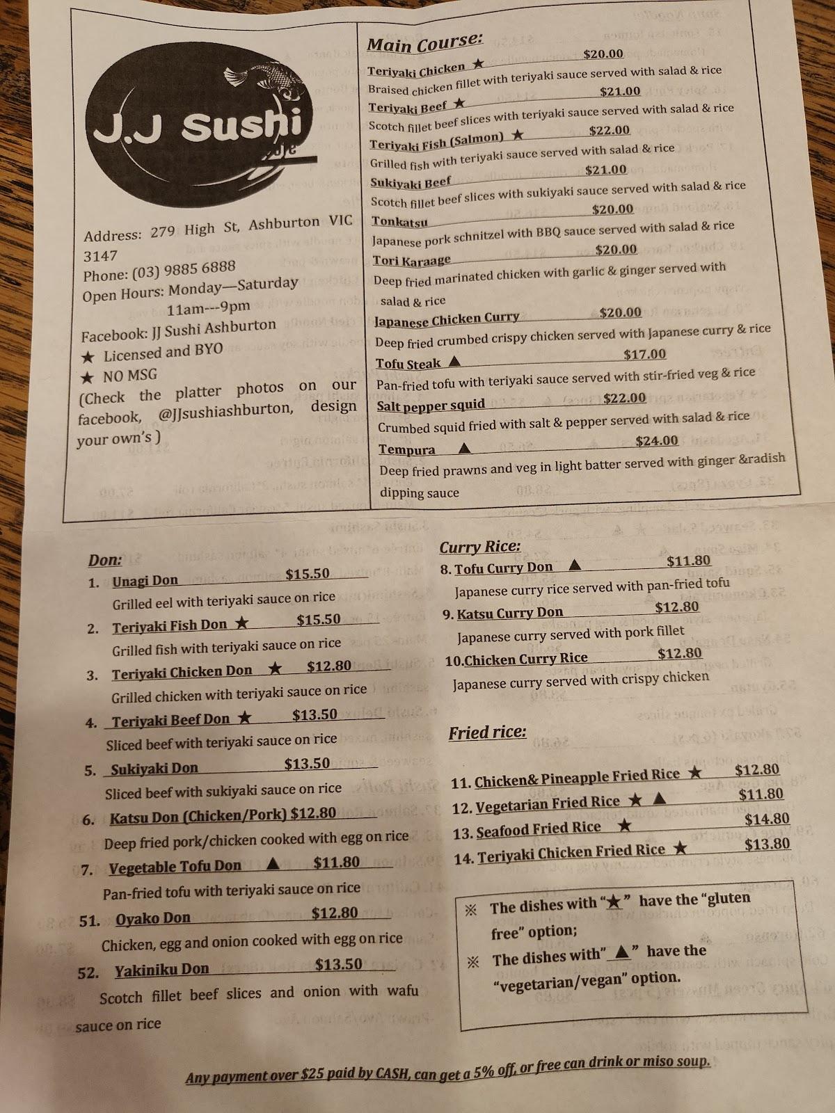 Menu at JJ Sushi restaurant, Ashburton