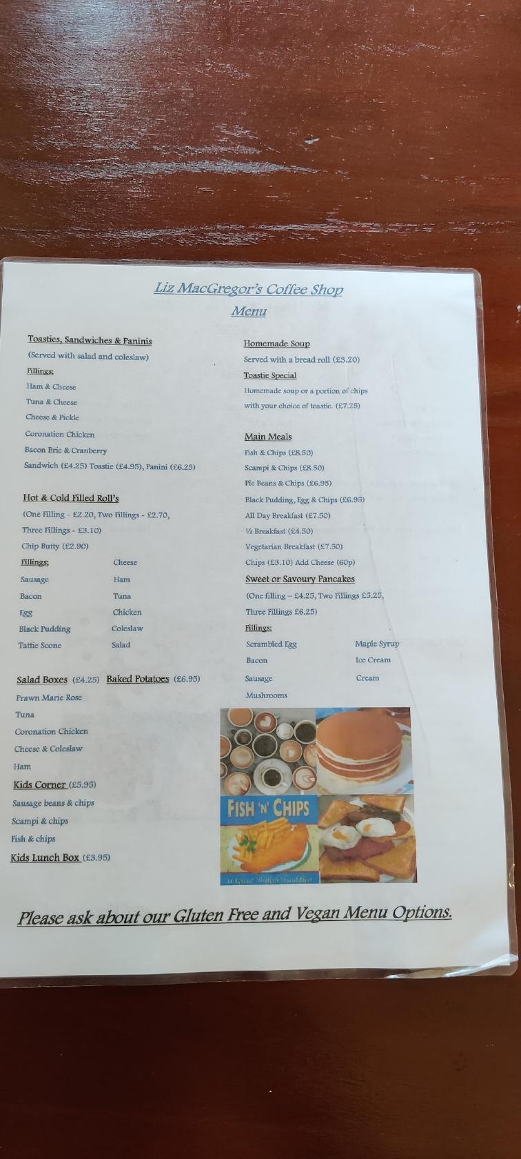 Menu at Macgregors cafe, Aberfoyle