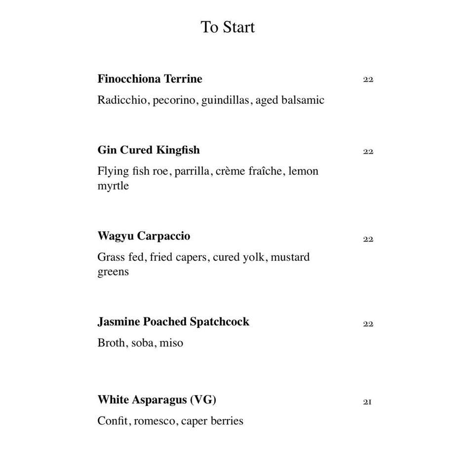 Menu at Nook restaurant, Blaxland