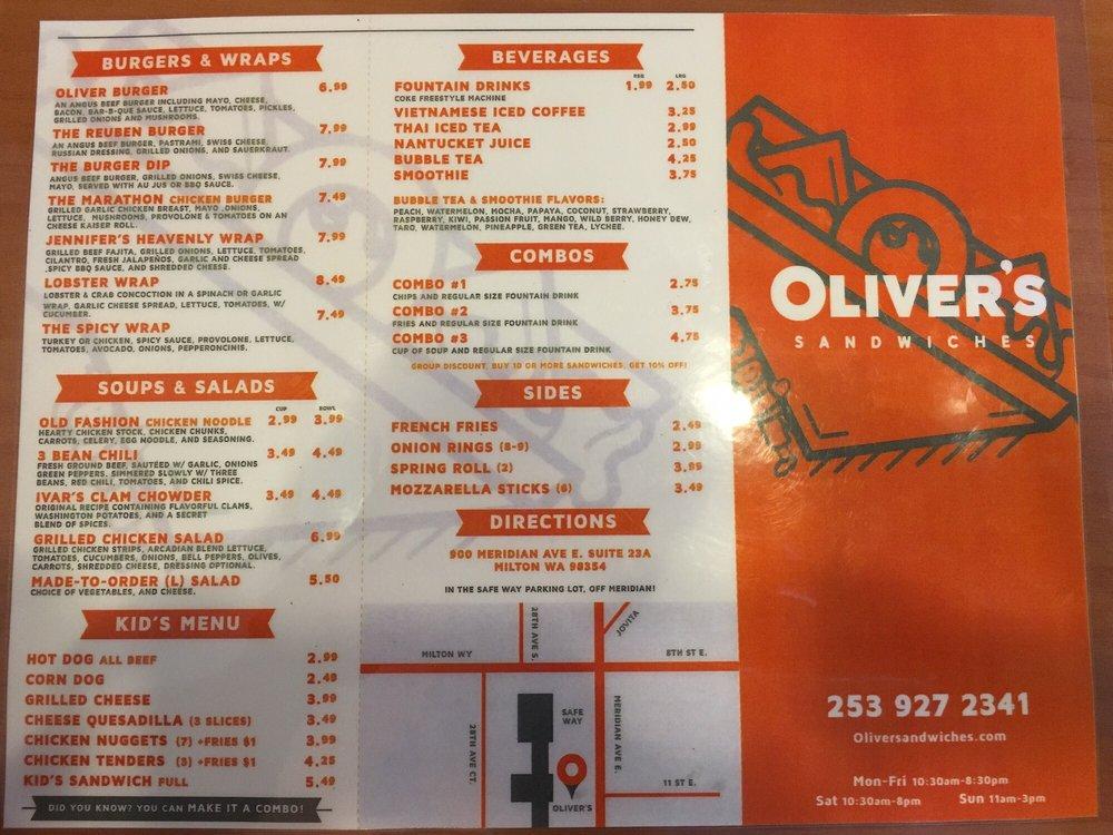 Menu at Oliver's Sandwiches restaurant, Milton