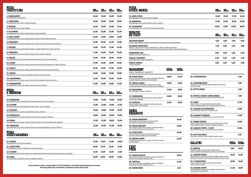 Menu at Pizza Leonardo restaurant, Bochnia