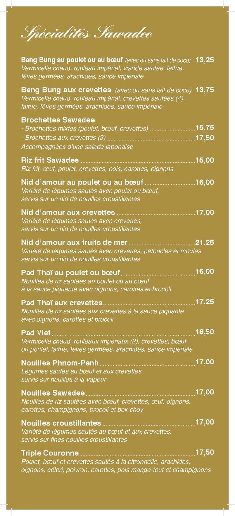 Menu at Restaurant Sawadee, Beloeil