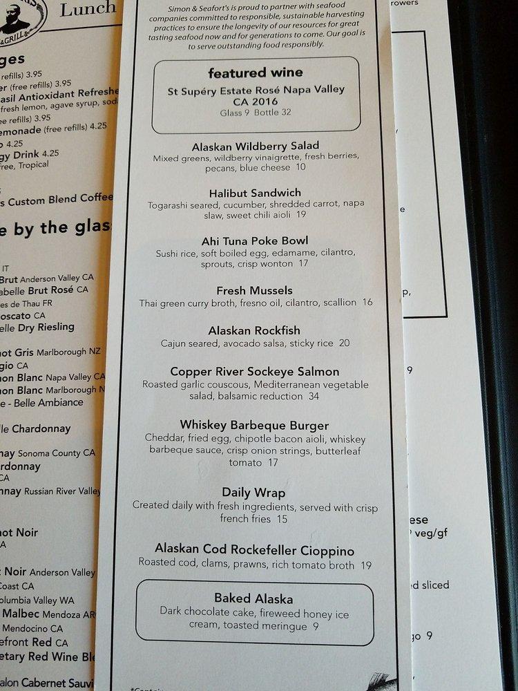 Menu at Simon & Seafort's Saloon & Grill steakhouse, Anchorage