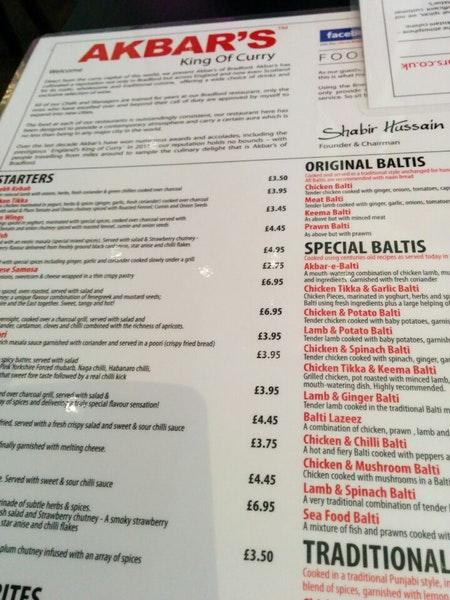 Menu at Akbar's Restaurant, Glasgow