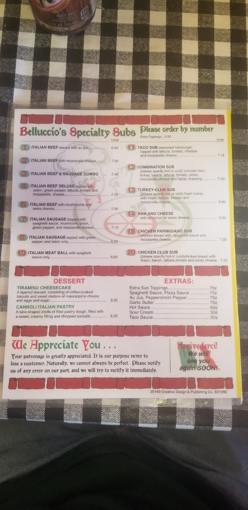 Menu at Belluccio's pizzeria, Sheffield