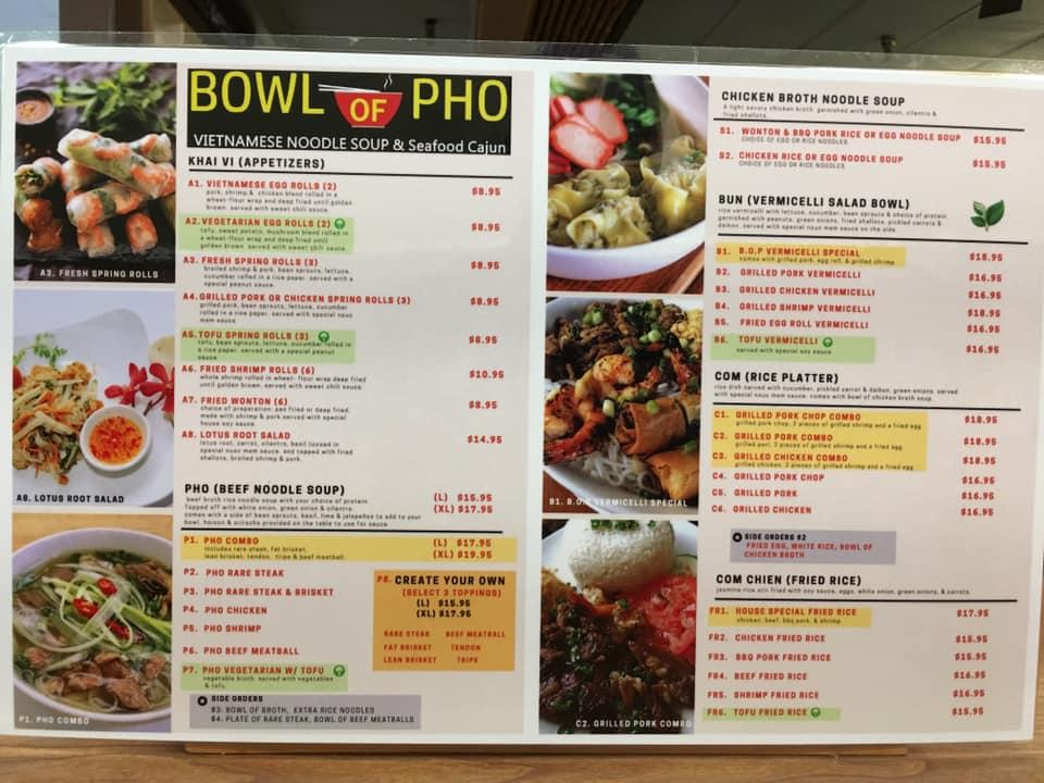 Menu at Bowl of Pho restaurant, Juneau