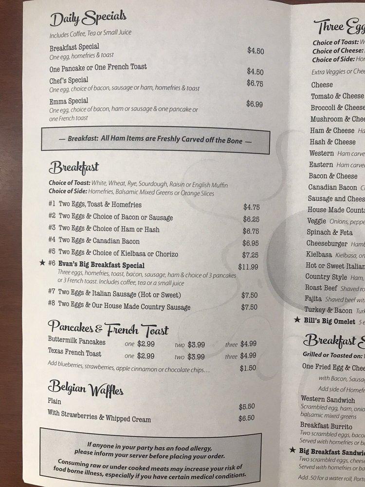 Menu at Evan's Egg House restaurant, Ludlow