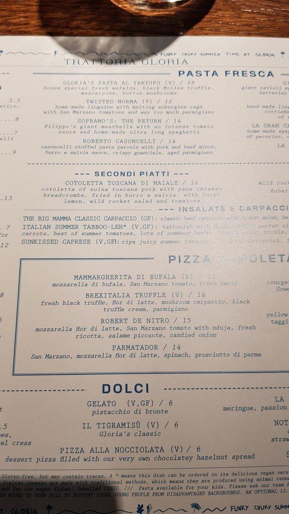 Menu at Gloria restaurant, London, 54-56 Great Eastern St