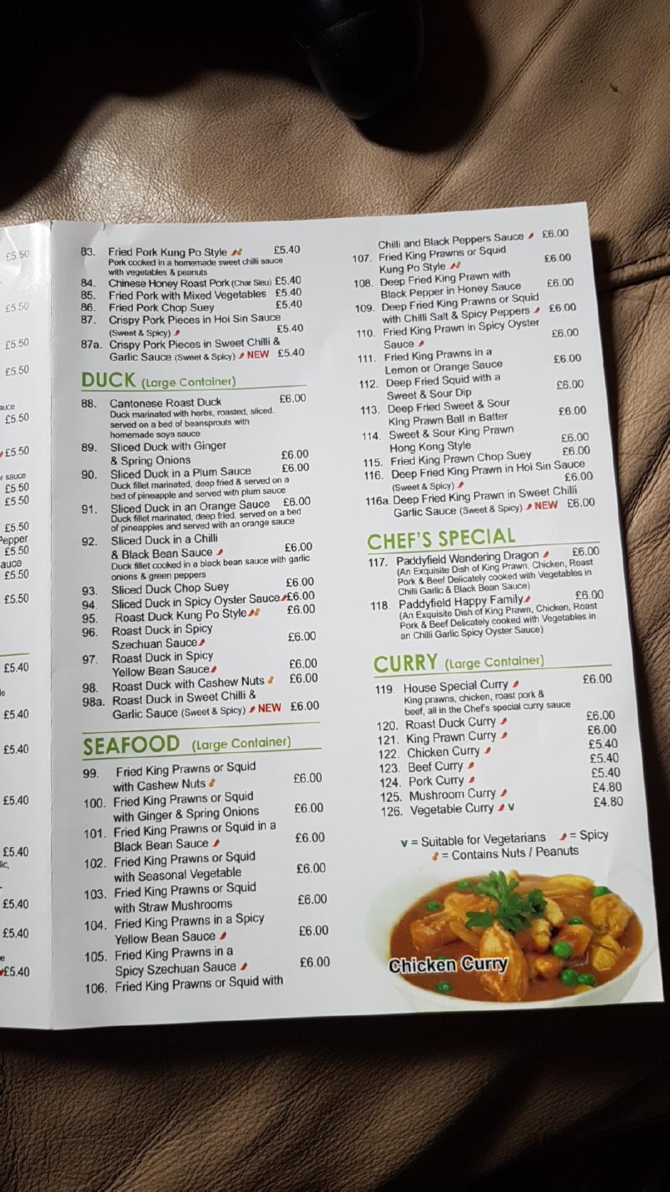 Menu at Paddyfields restaurant, Ollerton and Boughton