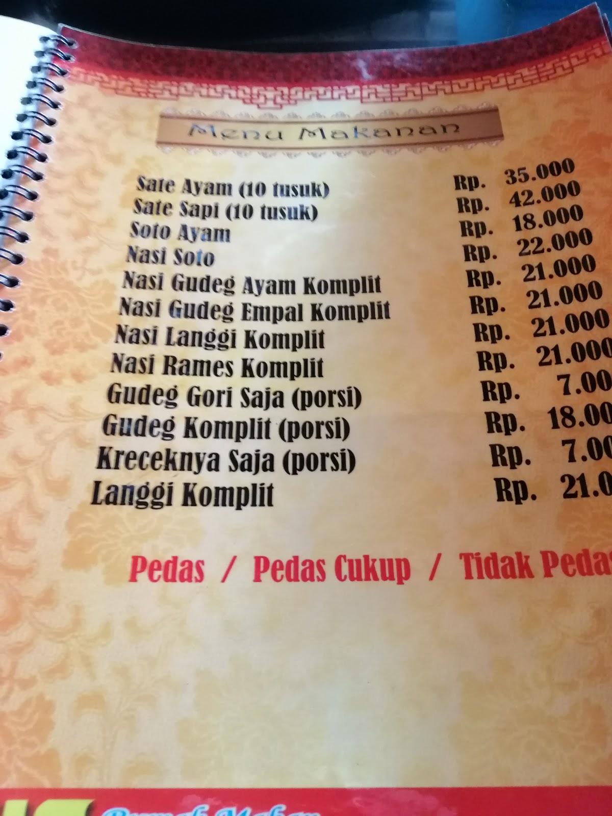 Menu at RM Sari Lembur Kuring restaurant, Kudus