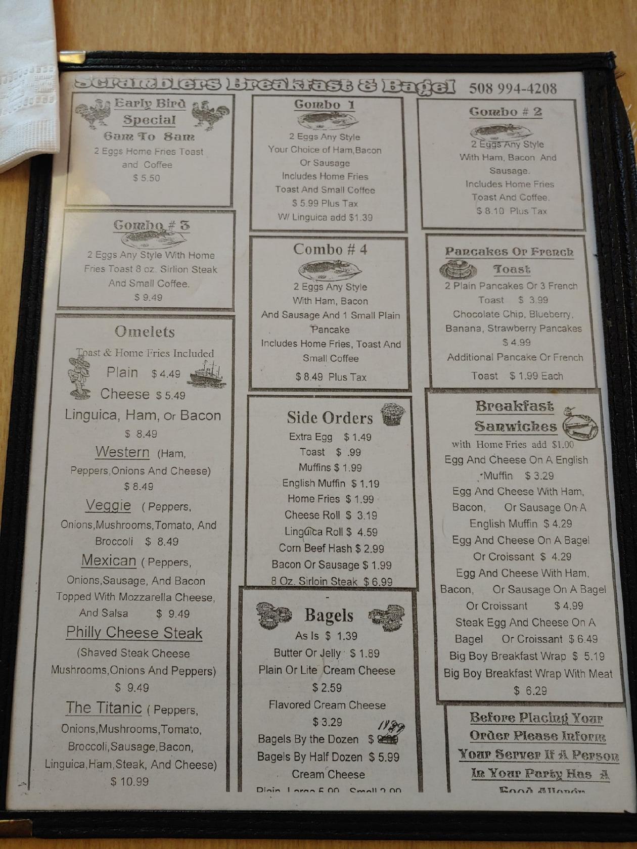 Menu at Scramblers Breakfast & Bagel restaurant, Fairhaven
