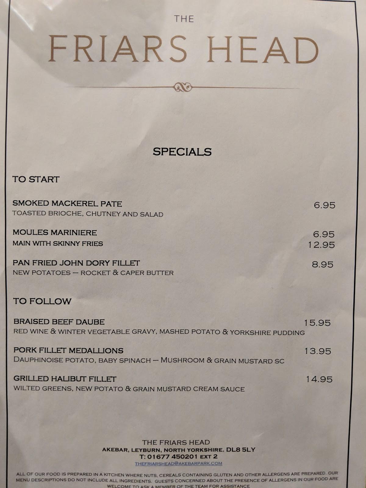 Menu at The Friars Head restaurant, Akebar