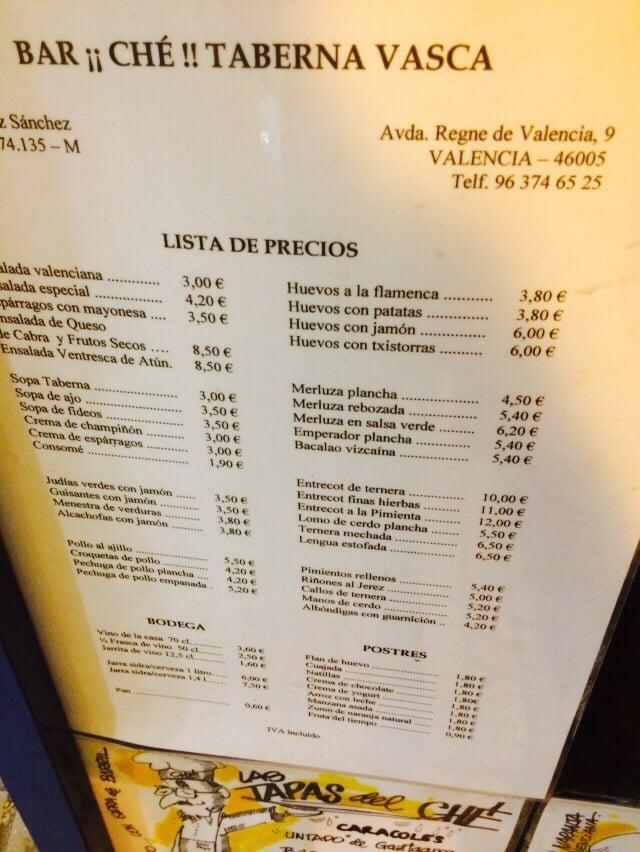Menu at Bar Che, Valencia
