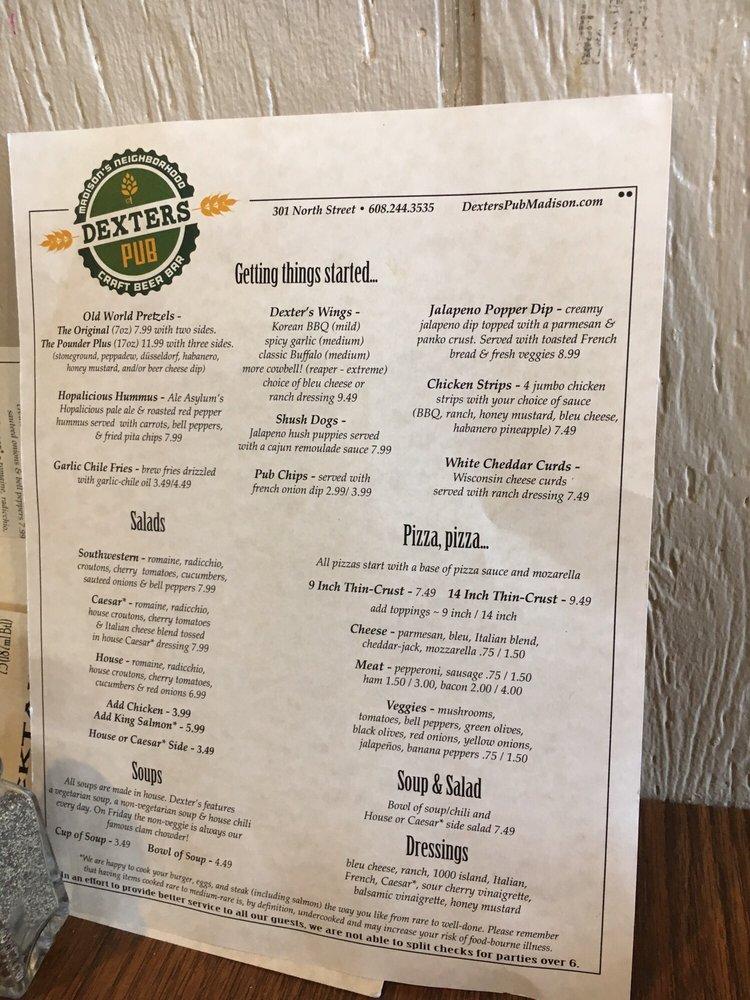 Menu at Dexter's Pub, Madison