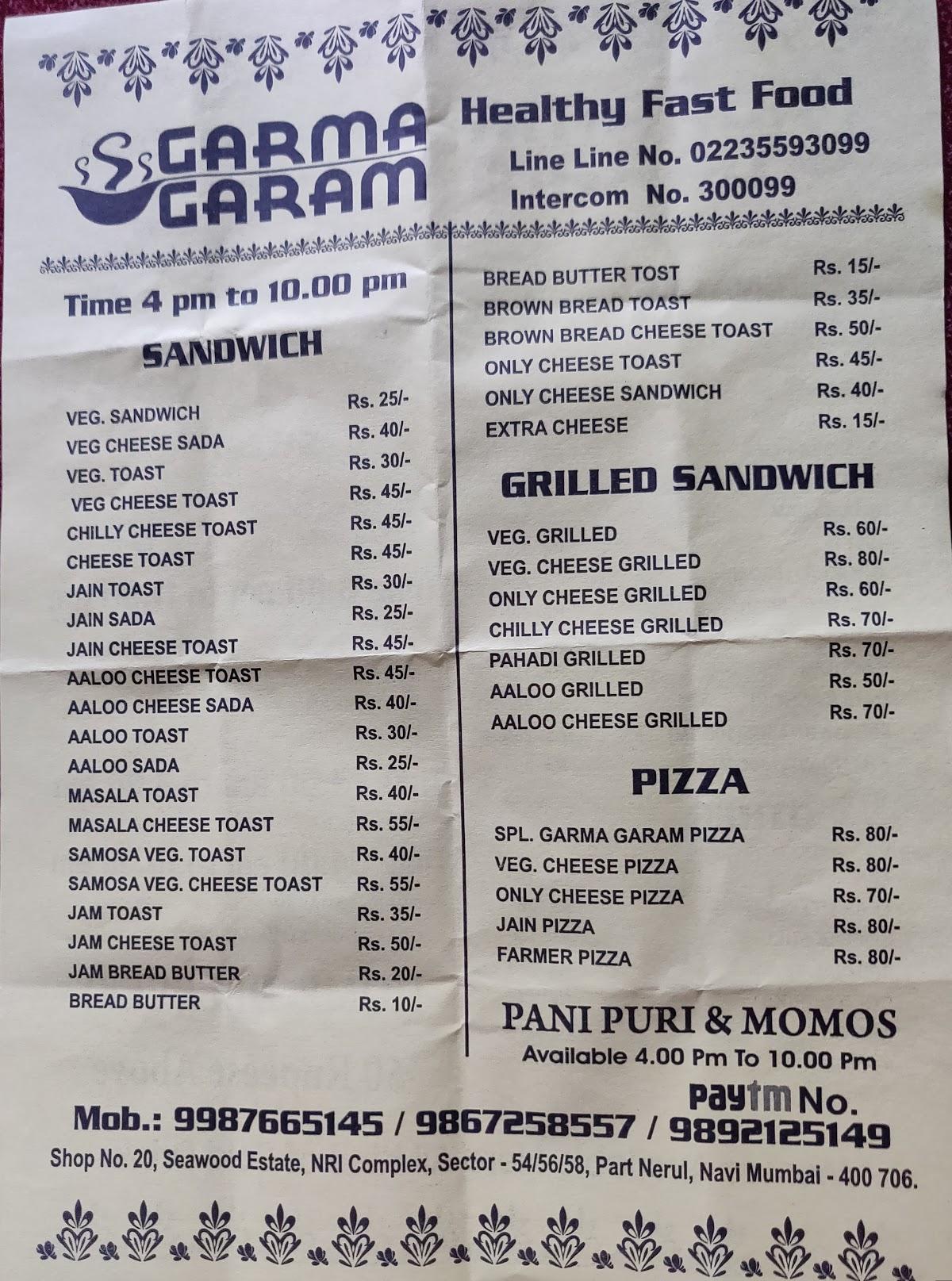 Menu at Garma Garam, Navi Mumbai, +R7H
