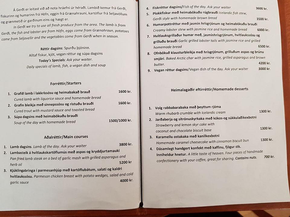 Menu at Guesthouse Gerði restaurant, Iceland
