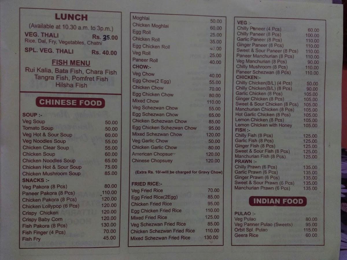 Menu at Hotel Orbit, Uttarpara Kotrung