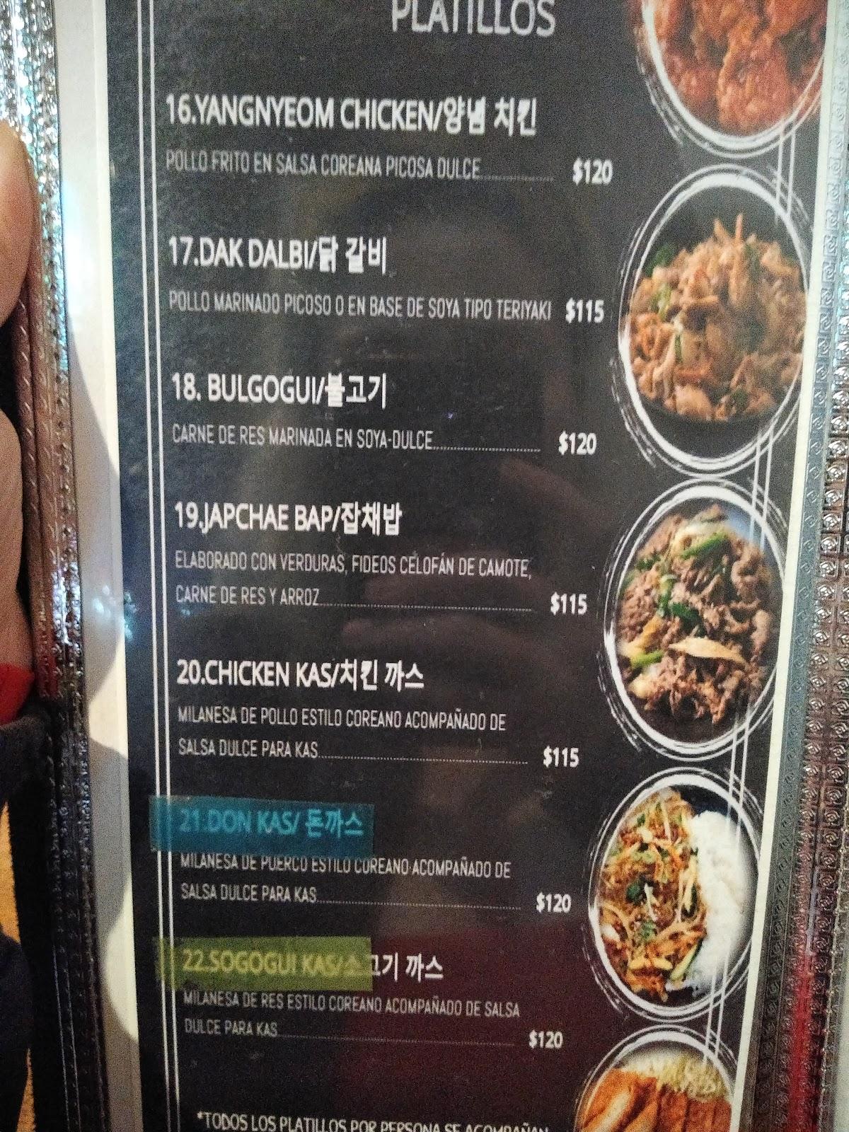 Carta del restaurante Arirang fonda coreana, Tijuana