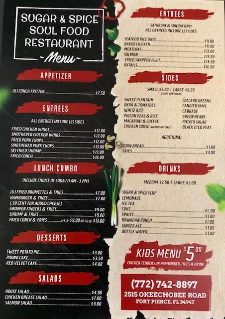 Menu at Sugar and Spice Soul Food Restaurant, Fort Pierce
