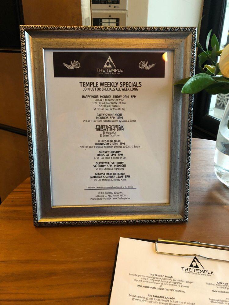 Menu at The Temple Bar, Hilo