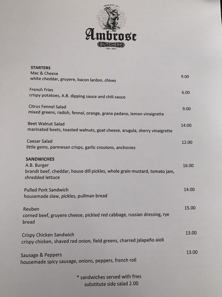Menu at Ambrose Butchery restaurant, Fremont