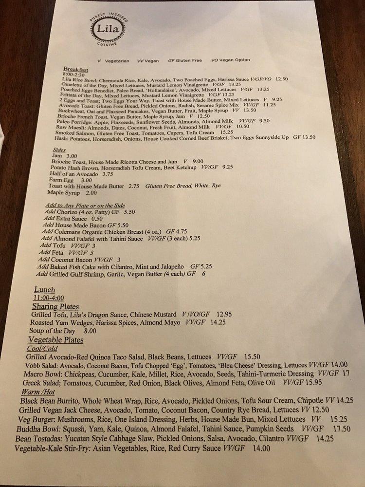 Menu at Lila restaurant, Sarasota